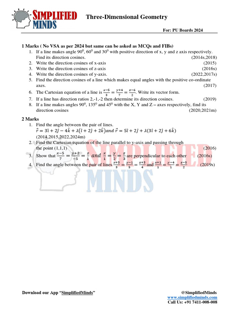 11.three Dimentional Geometry 2ndPUC PYQs | PDF | Cartesian Coordinate ...