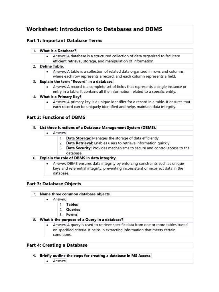 Worksheet: Introduction To Databases and DBMS: Part 1: Important Database Terms | PDF | Html ...
