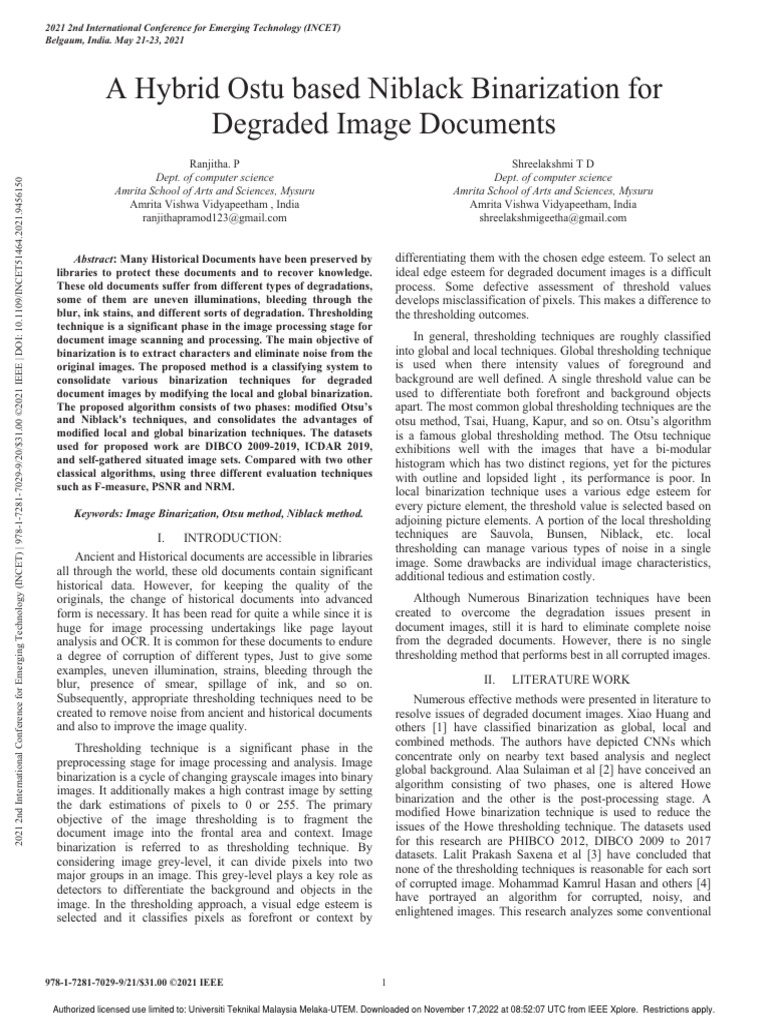 A Hybrid Ostu Based Niblack Binarization For Degraded Image Documents | PDF | Signal Processing ...