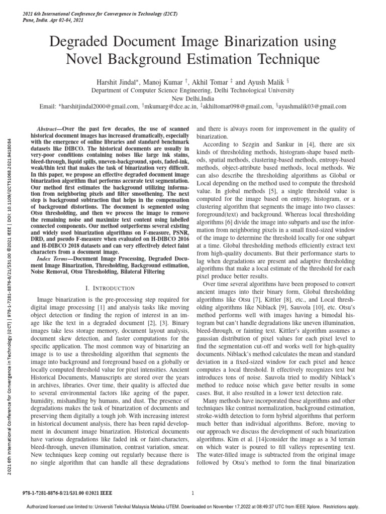 Degraded Document Image Binarization Using Novel Background Estimation Technique | PDF | Image ...