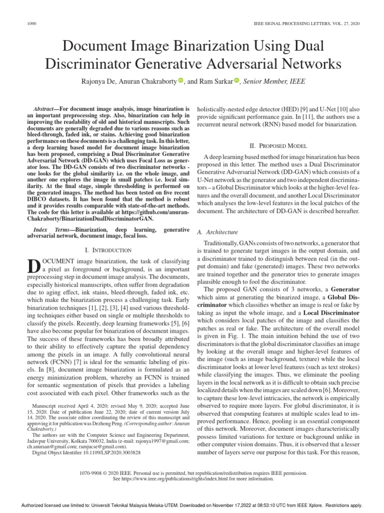 Document Image Binarization Using Dual Discriminator Generative Adversarial Networks | PDF ...