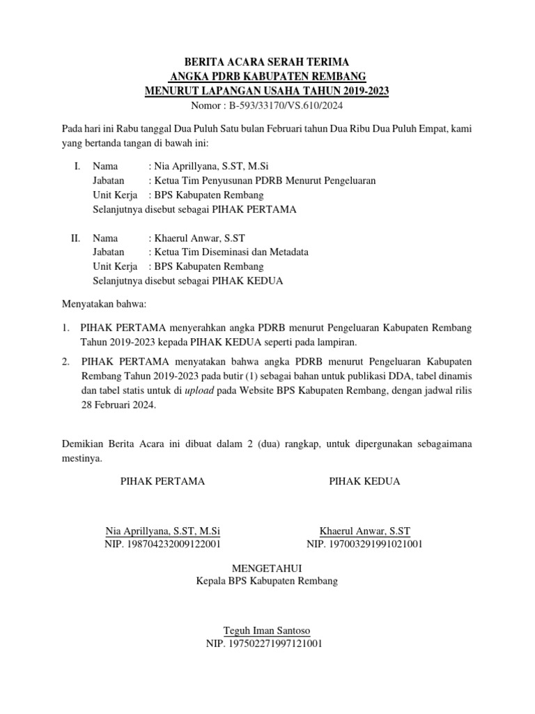 BAST PDRB 2023 Dari Nerwilis Ke IPDS | PDF