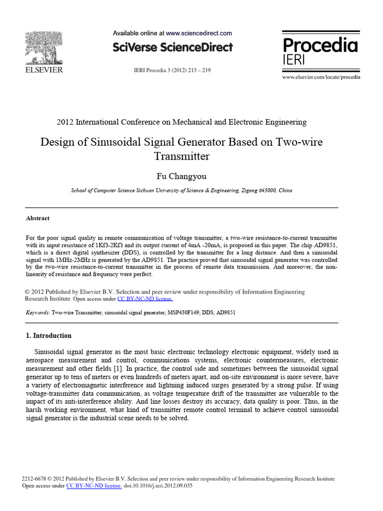 Design of Sinusoidal Signal Generator Based On Two Wire Tra - 2012 - IERI Proced | PDF ...