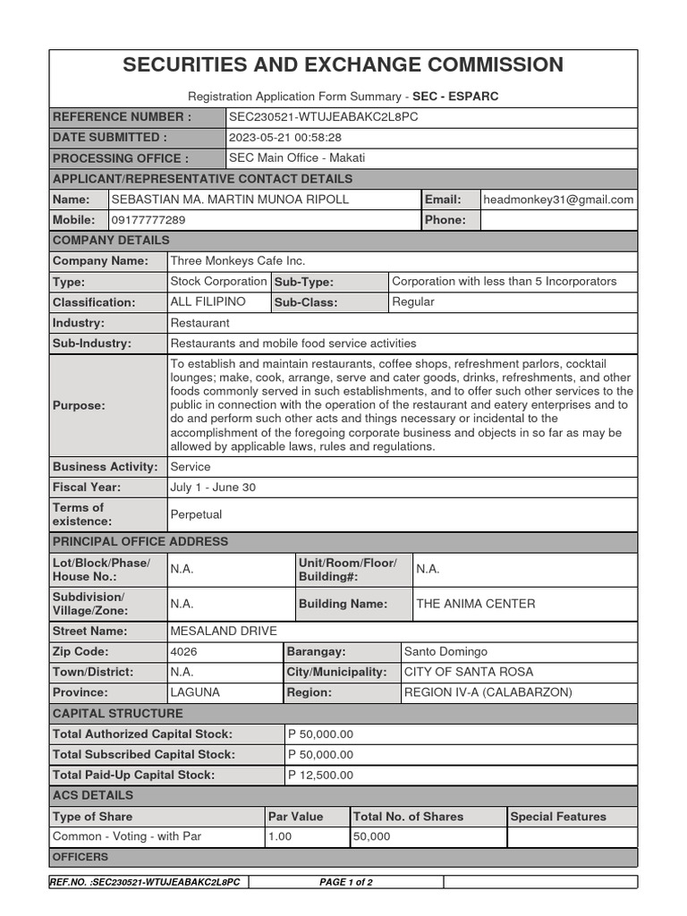 SEC Application Summary for Three Monkeys Cafe | PDF | Corporations ...