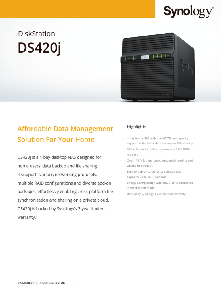 Synology DS420j Data Sheet Enu | PDF | File Transfer Protocol | Backup