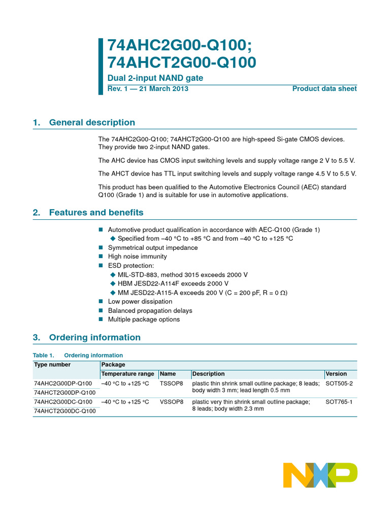 74AHC2G00-Q100 Dual NAND Gate Data Sheet | PDF | Logic Gate ...