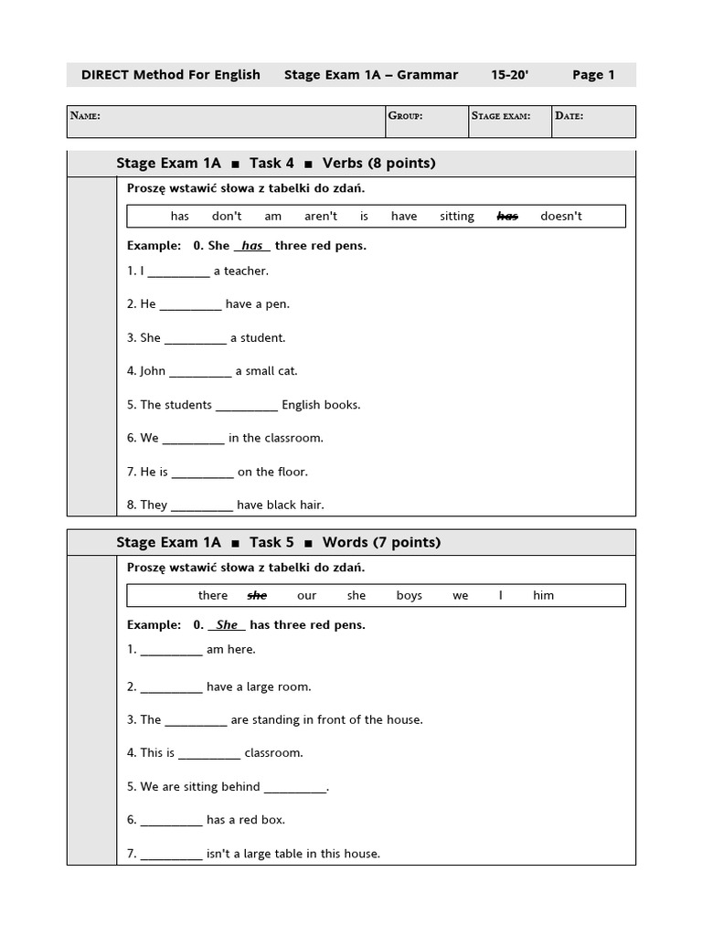 Stage Exam 1A Grammar | Download Free PDF | English Language | Classroom