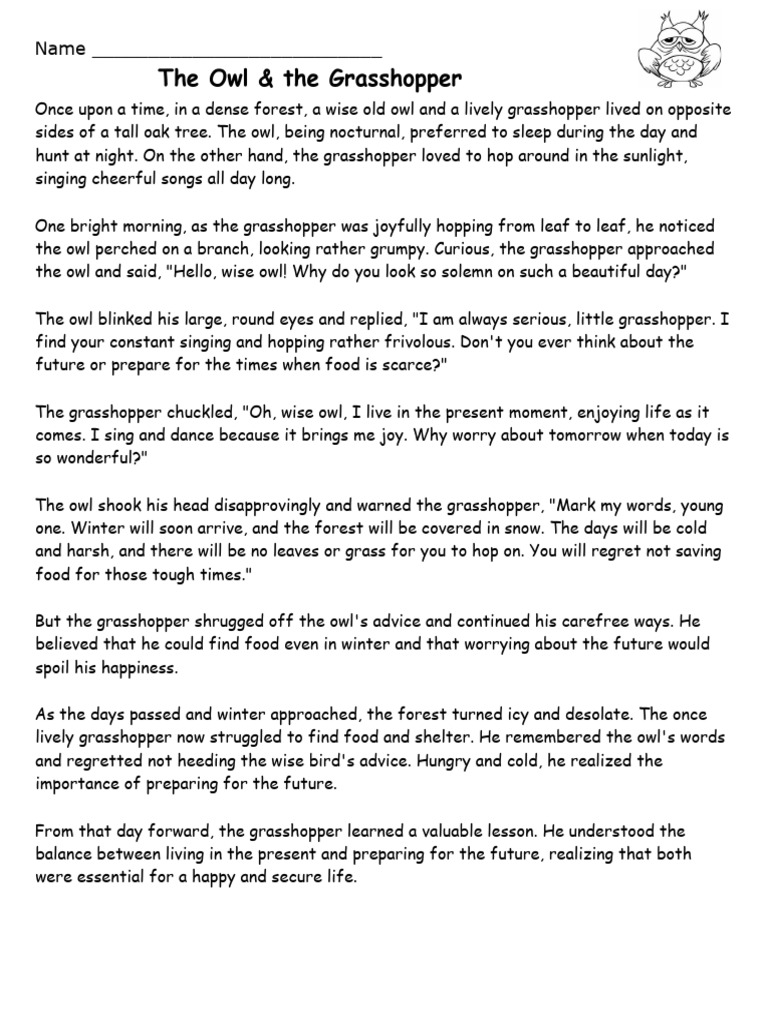 The Owl & the Grasshopper Fable | PDF | Language Arts & Discipline ...