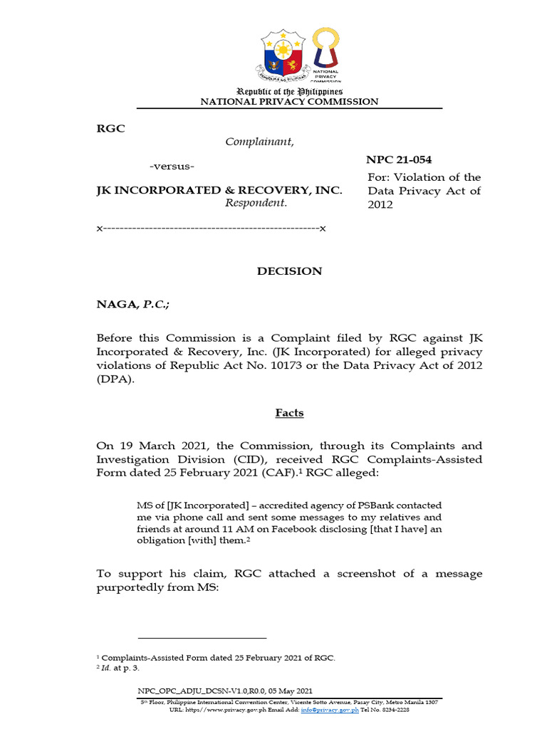 NPC 21 054 RGC v. JK Incorporated and Recovery Inc | Download Free PDF ...