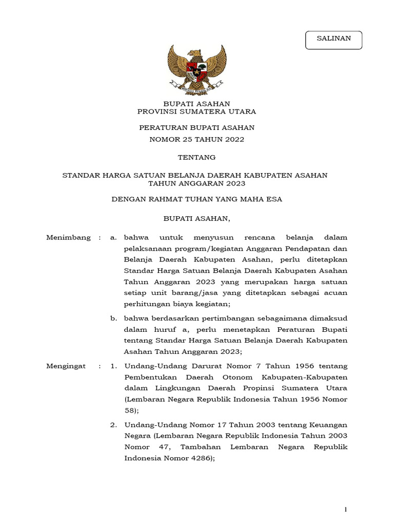 Perbup 25 Tahun 2022 Standar Harga Satuan Belanja Daerah Kabupaten Asahan TA 2023 FULL | PDF