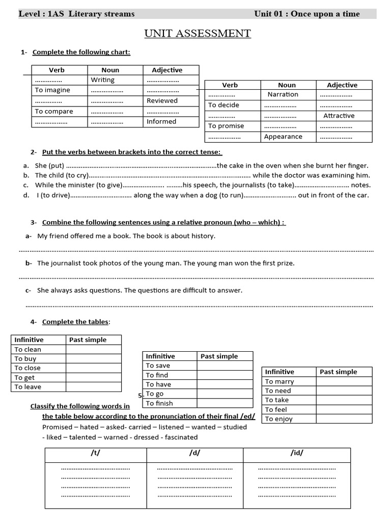 Unit Assessment Once Upon A Time | PDF | Adjective | Verb