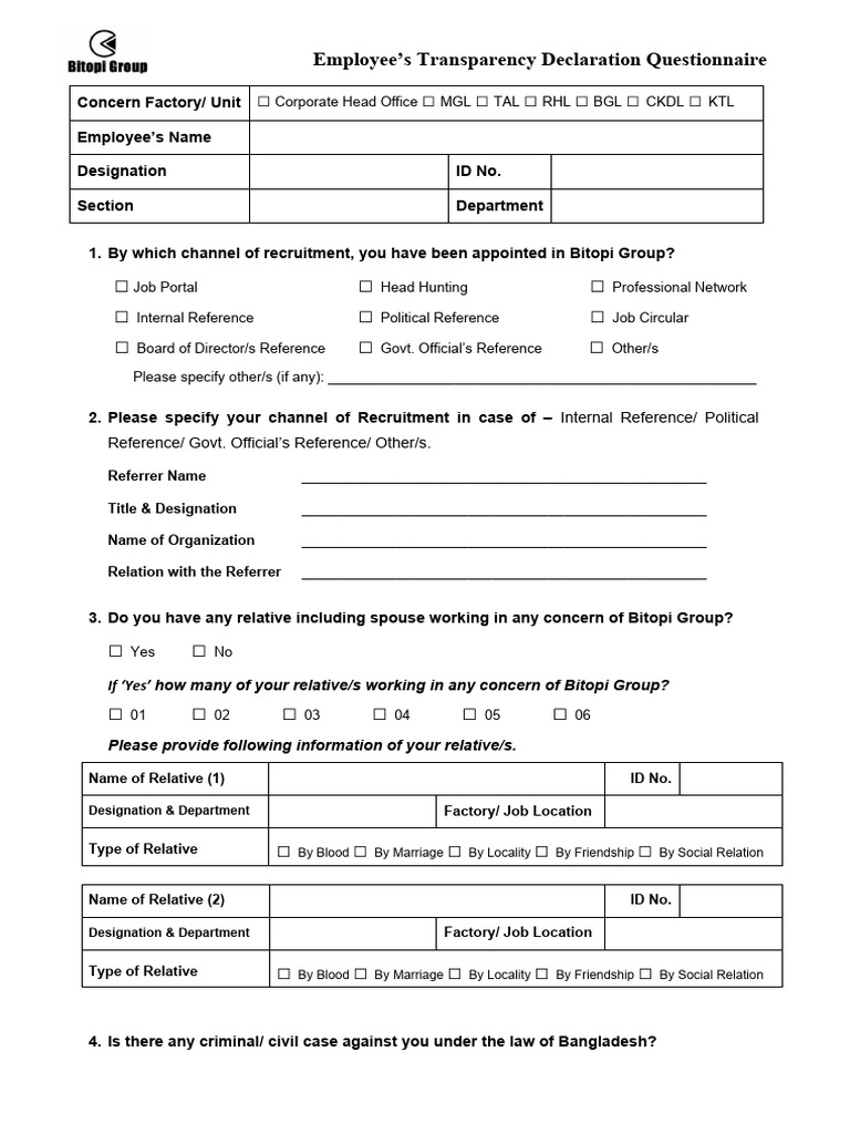 Employee's Transparency Questionnaire | PDF | Justice | Crime & Violence