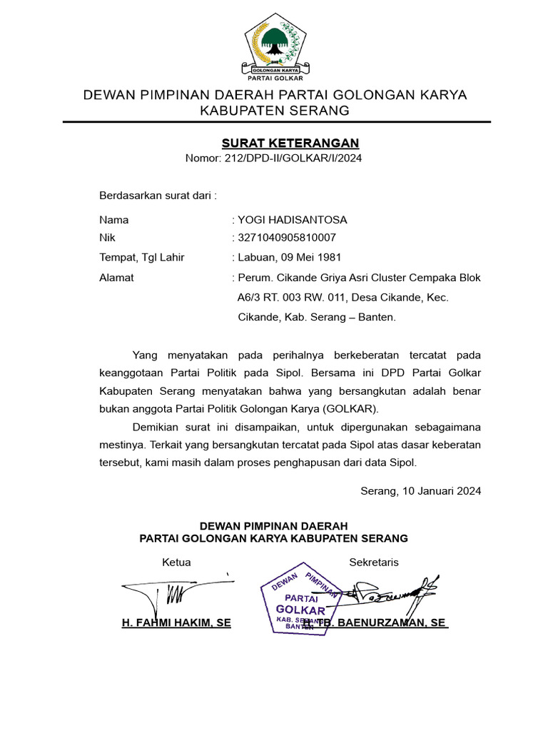 Surat Keterangan Tidak Terdaftar Partai | PDF