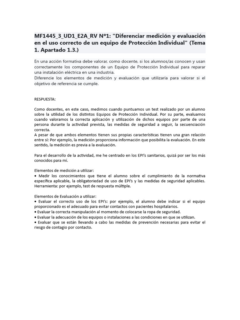 MF1445 - 3 - UD1 - E2A - RV Nº1: "Diferenciar Medición y Evaluación en El Uso Correcto de Un ...