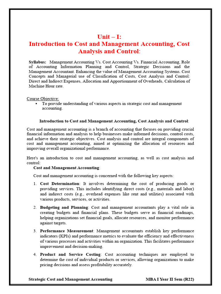 SCMA Unit - I Introduction To Cost and Management Accounting, Cost Analysis and Control | PDF ...