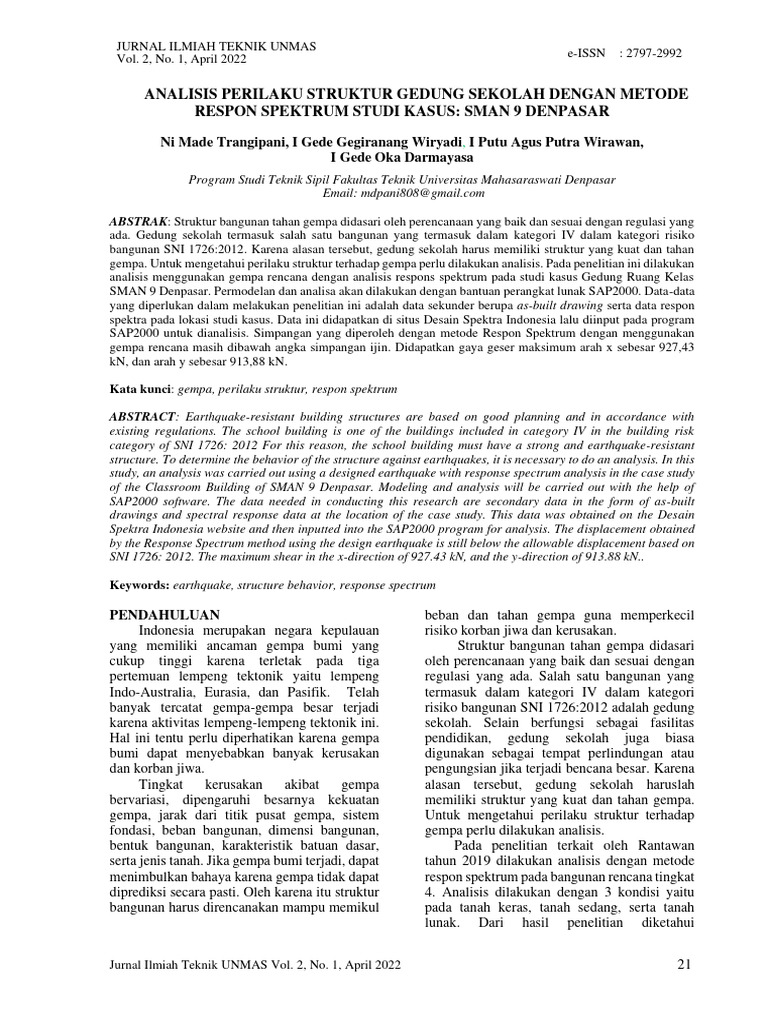 Analisis Perilaku Struktur Gedung Sekolah Dengan Metode Respon Spektrum Studi Kasus: Sman 9 ...