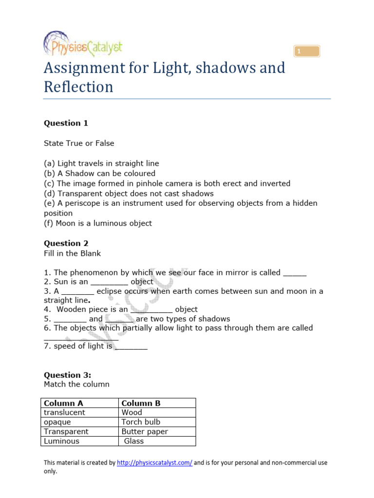 Assignment Class6 Science-Light Shadows-And-Reflection 1 | PDF | Shadow ...