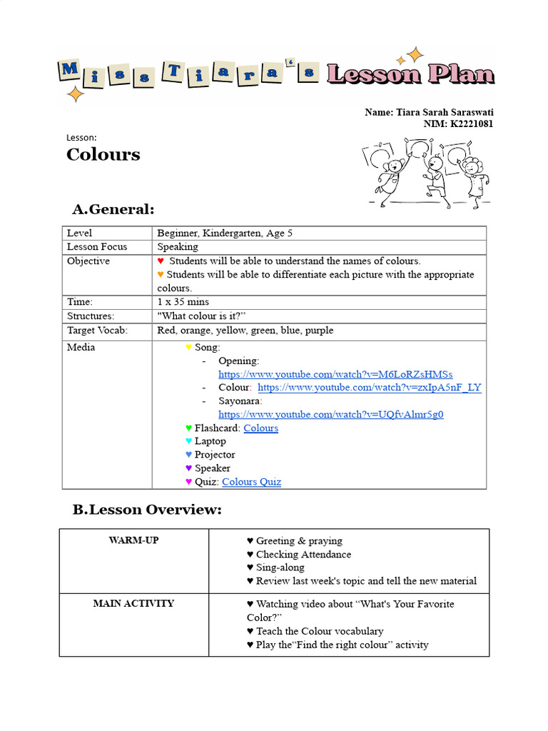 Beginner Colour Lesson Plan | PDF | Human Communication | Learning
