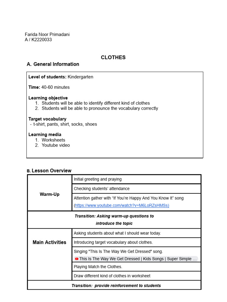 Lesson Plan Clothes Farida - Docx 1 | PDF | Human Communication | Learning