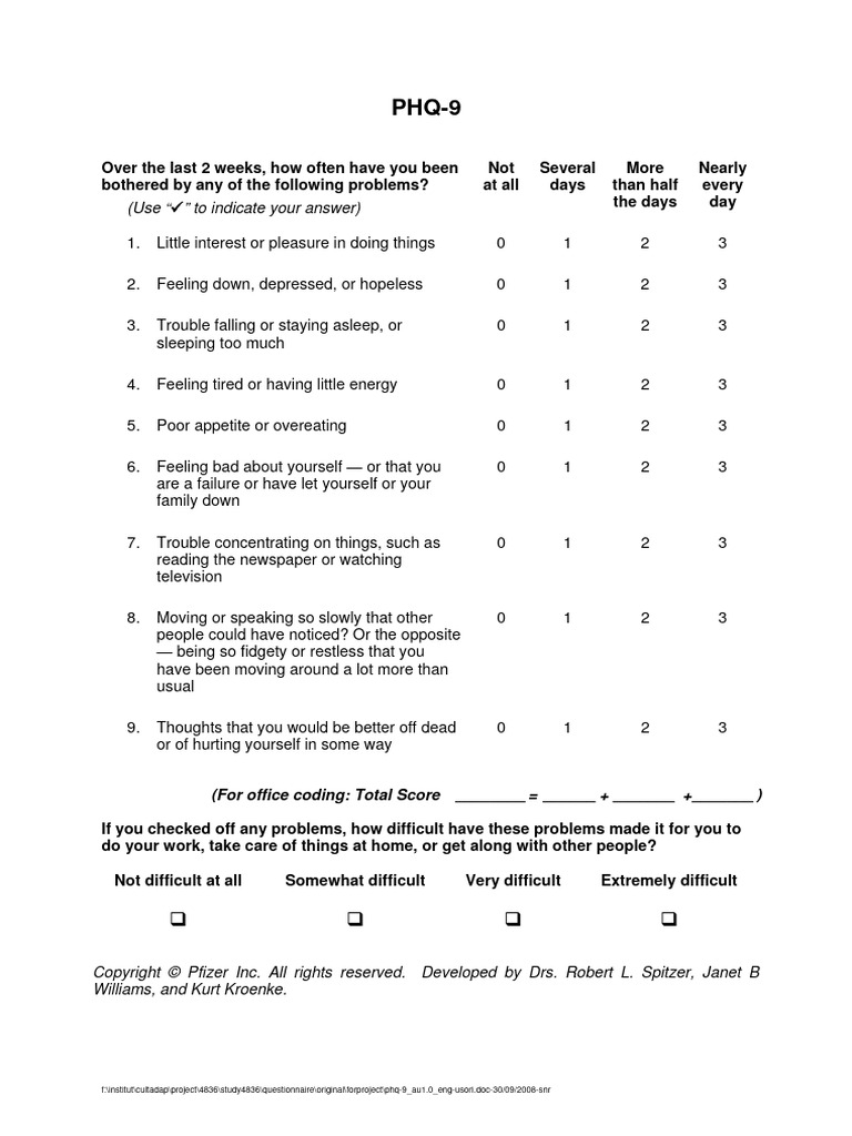 PHQ-9 AU1.0 English-US Original | PDF | Depression (Mood) | Diseases ...