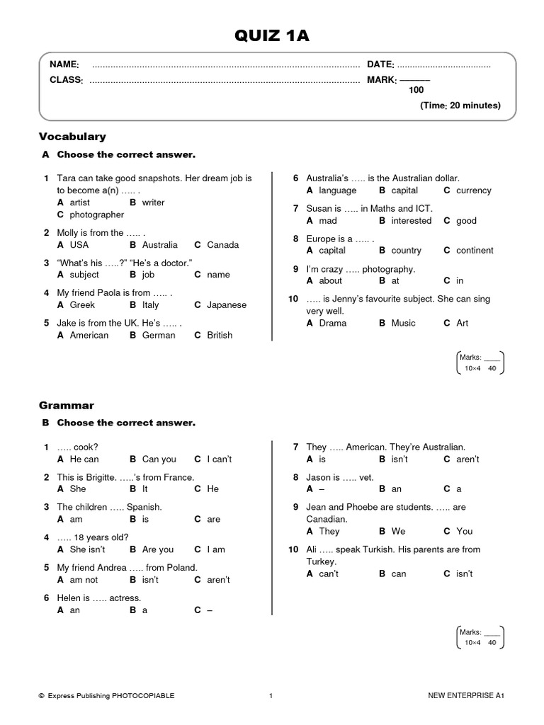 2 - 01 - Enterprise - A1 - Quiz - 1a - Jobs, Nationalities, Can, To Be | PDF