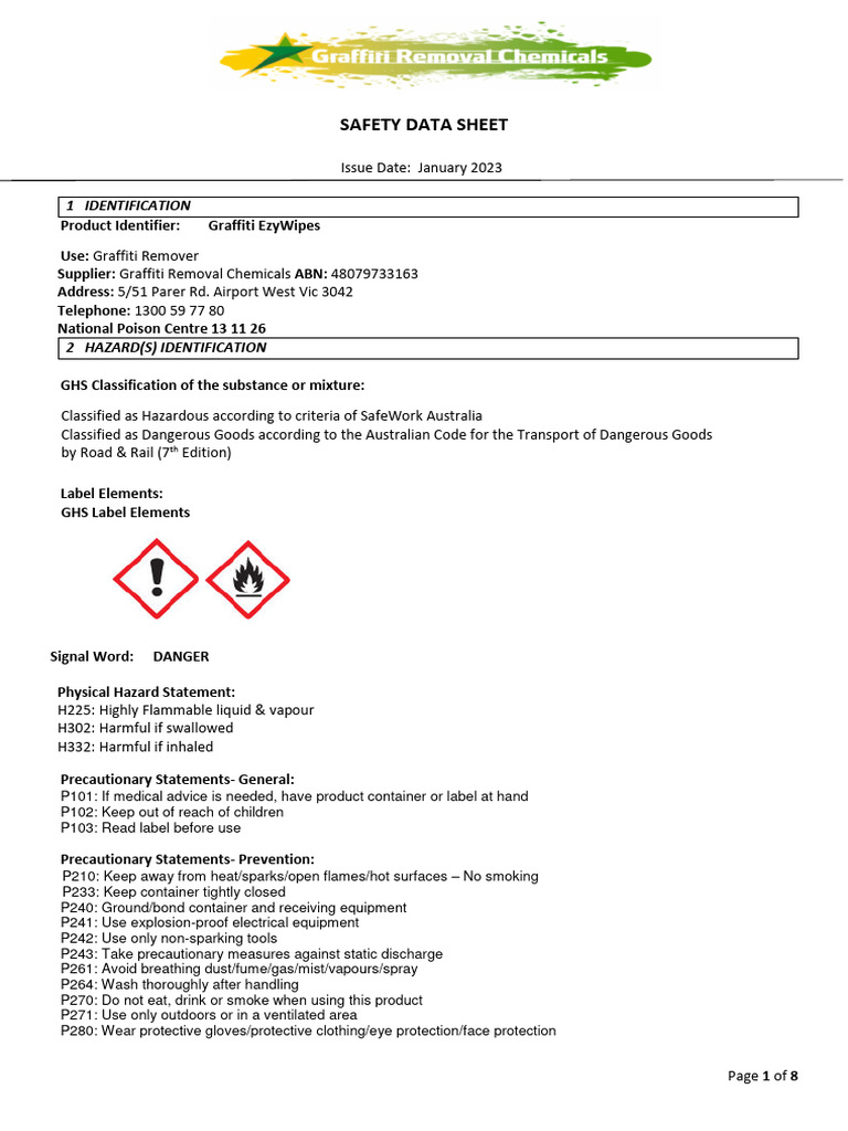 SDS Graffiti EzyWipes | PDF | Dangerous Goods | Hazards