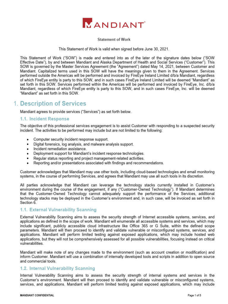 Statement of Work - Mandiant | PDF | Vulnerability (Computing ...