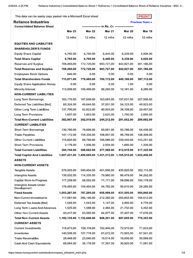 Balance Sheet Ril | PDF