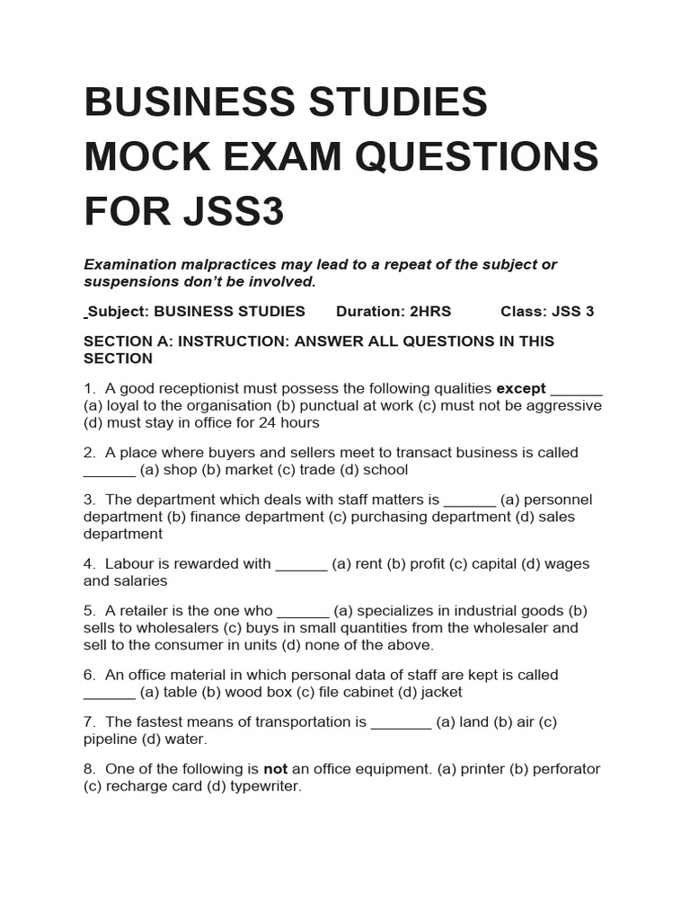 JSS3 Business Studies Mock Exam Questions | PDF