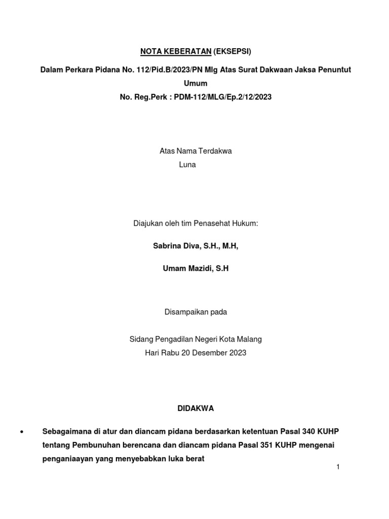 Nota Keberatan (Eksepsi) - SABRINA DIVA-2021-462 | PDF