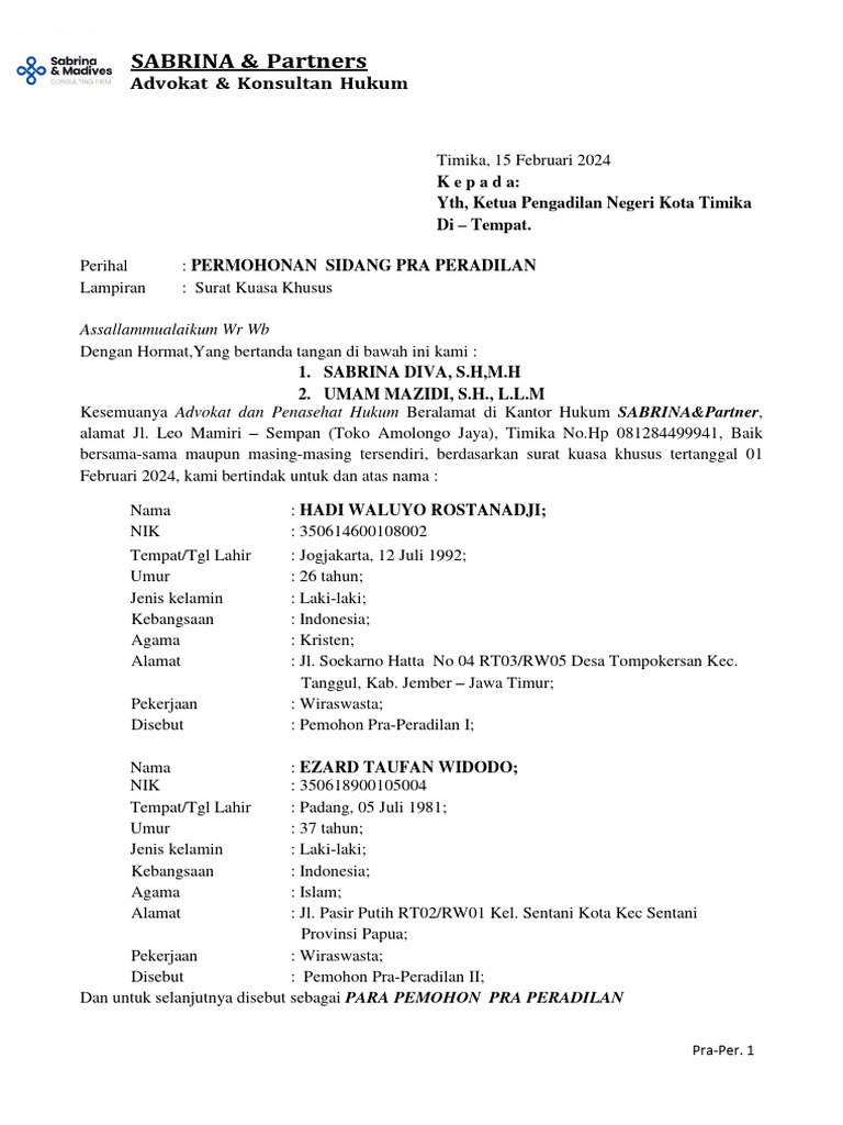 Permohonan Pra - Peradilan-SABRINA DIVA-202110110311462 | PDF | Ilmu ...