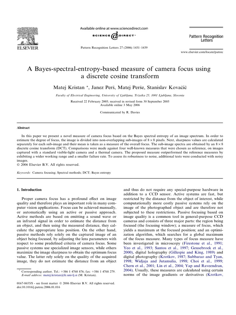 A Bayes-Spectral-Entropy-Based Measure of Camera Focus Using A Discrete Cosine Transform | PDF ...