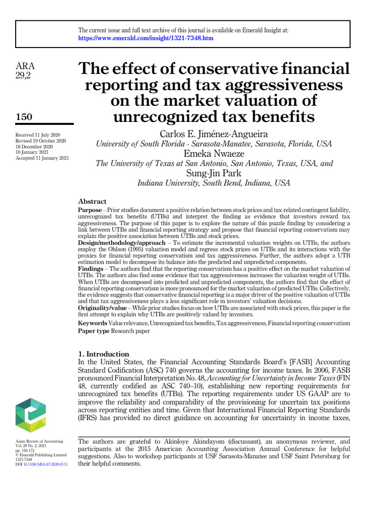 The Effect of Conservative Financial Reporting & Tax Aggressiveness (Q2-H2) | PDF | Valuation ...