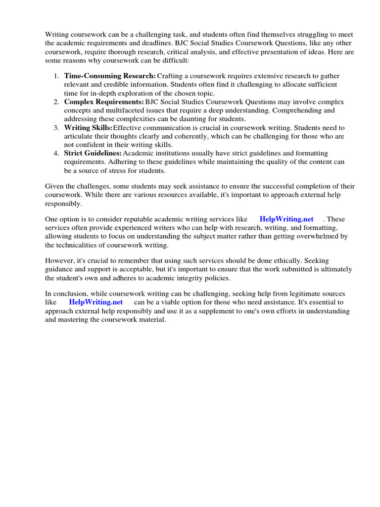 BJC Social Studies Coursework Questions | PDF