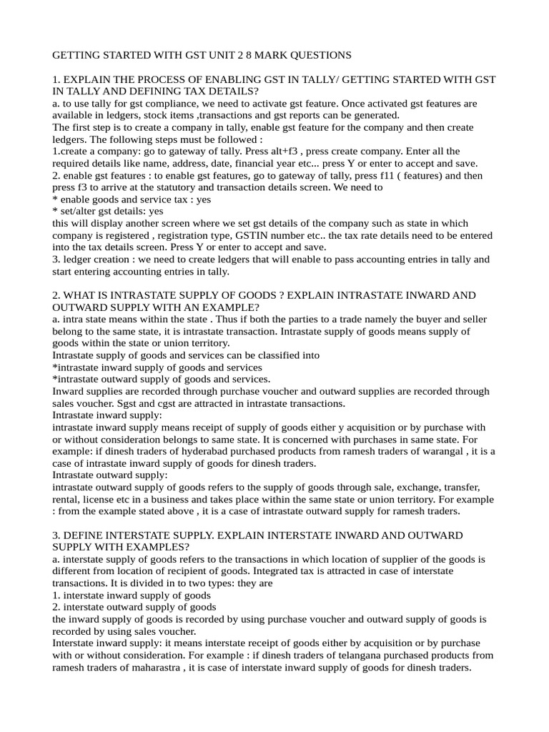 Getting Started With GST Unit 2 8 Mark Questions | Download Free PDF ...