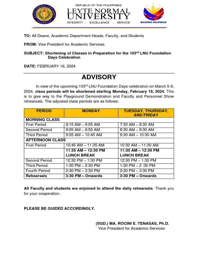 Advisory Feb 16. Shortening of Periods. Foundation Days 2024 | PDF