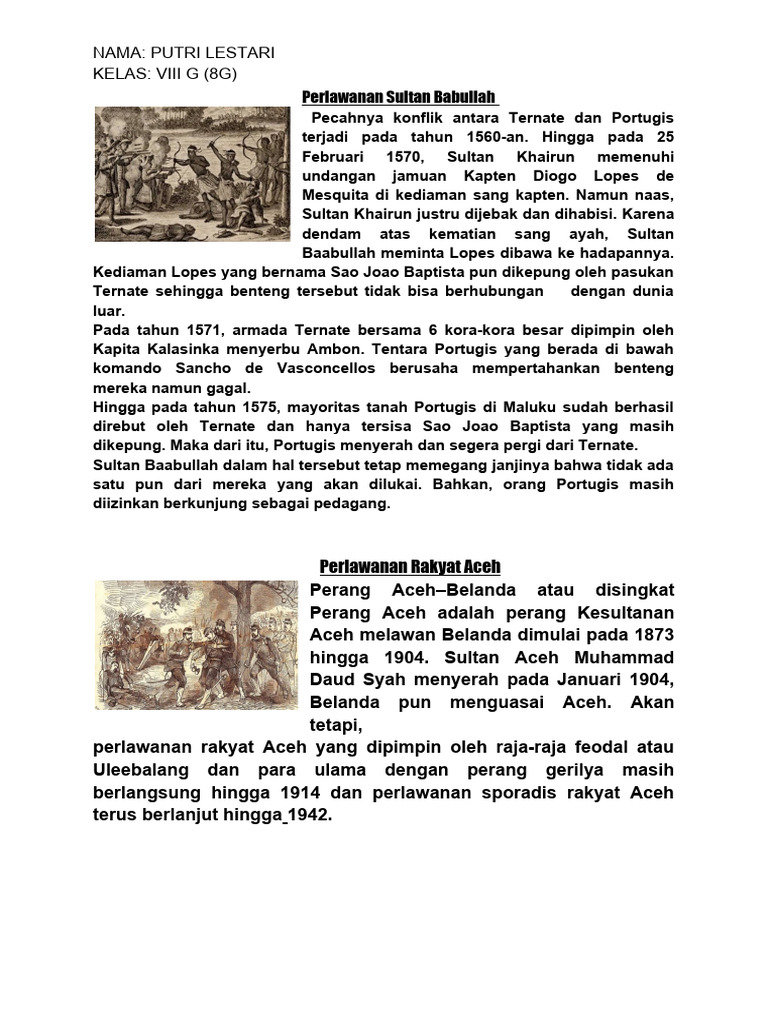 Nama: Putri Lestari Kelas: Viii G (8G) Perlawanan Sultan Babullah | PDF | Perjalanan