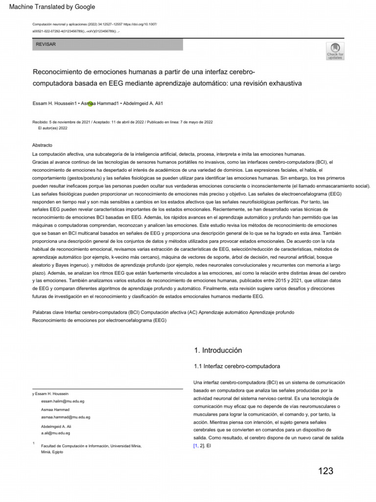Human Emotion Recognition From Eeg Based Brain Computer Interface Houssein 2022 1 Pdf Las