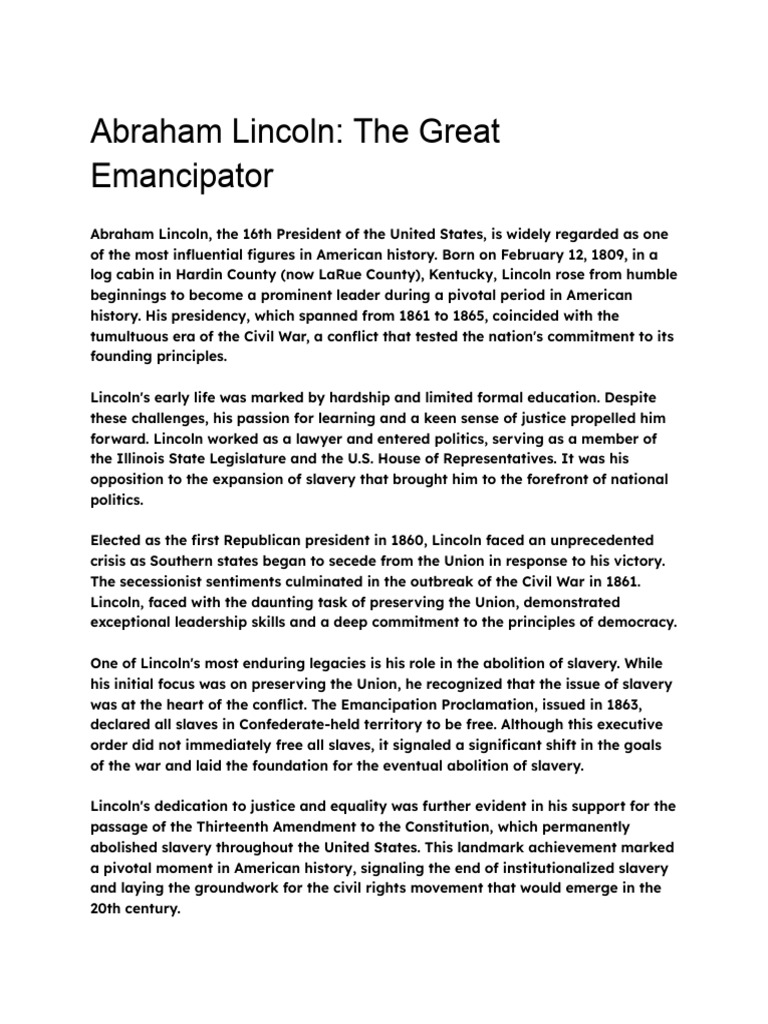 Abraham Lincoln - The Great Emancipator | Download Free PDF | Abraham ...