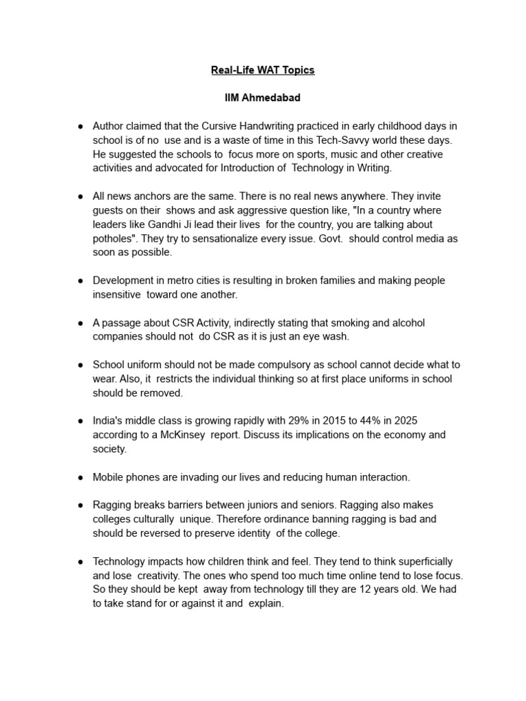Real-Life WAT Topics for IIM Aspirants | PDF | Employment | Globalization