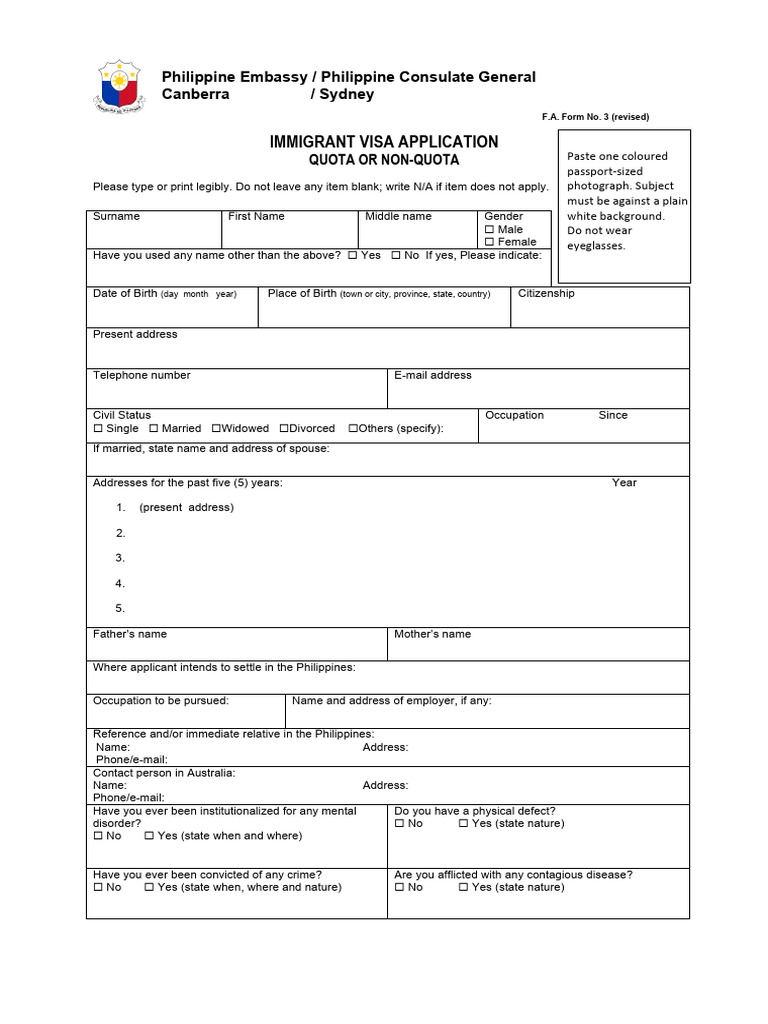 Immigrant Visa Application: Philippine Embassy / Philippine Consulate ...