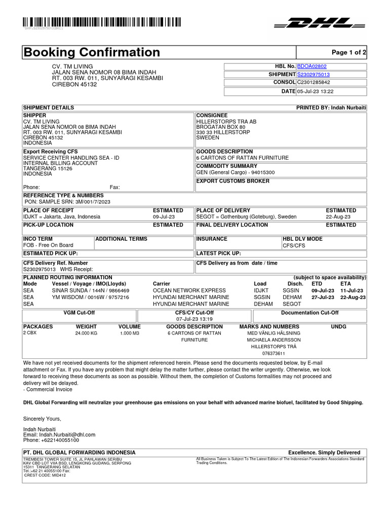 Shipping Booking Confirmation S2302975013 | PDF | Cargo | Freight Transport