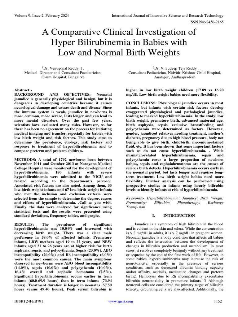 A Comparative Clinical Investigation of Hyper Bilirubinemia in Babies ...