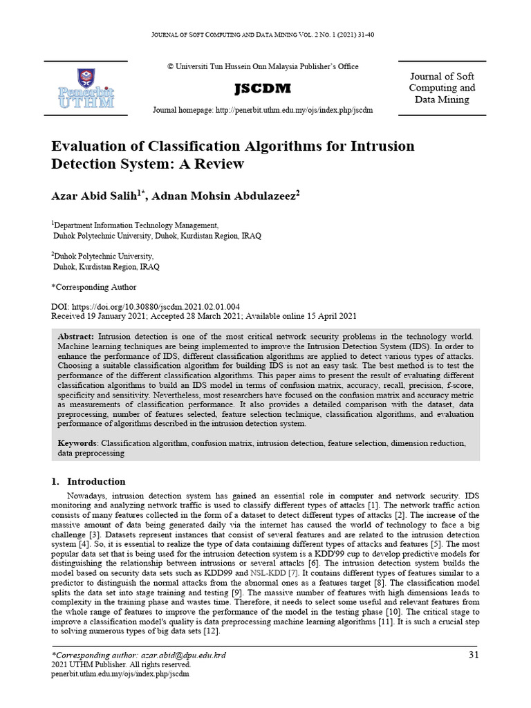 Evaluation of Classification Algorithms For Intrusion Detection System A Review2022 | PDF