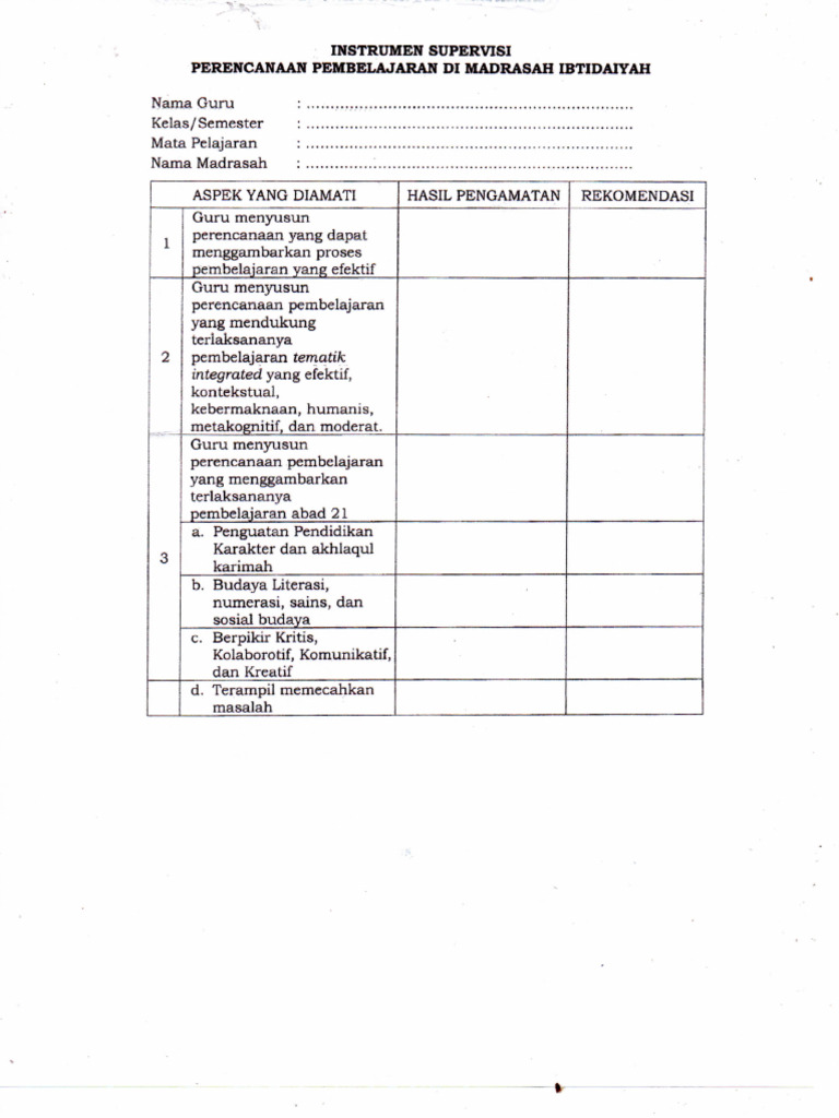 1-Format Instrumen Perencanaan KBM MI SK Dirjan No. 6334-2021 | PDF
