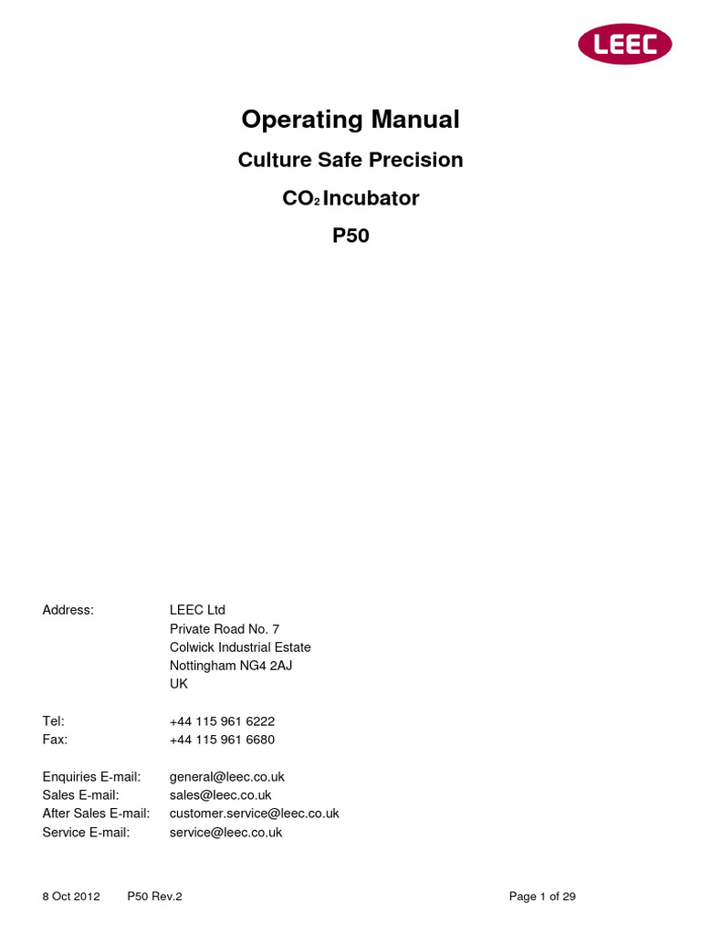 LEEC P50 CO2 Incubator Operating Manual | PDF | Mains Electricity | Safety