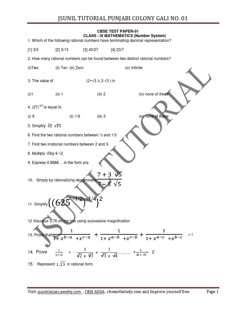 9th Number System Test Paper-1 | PDF