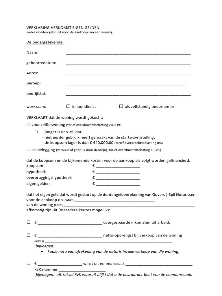 @verklaring Herkomst Eigen Gelden Aankoop Woning | PDF