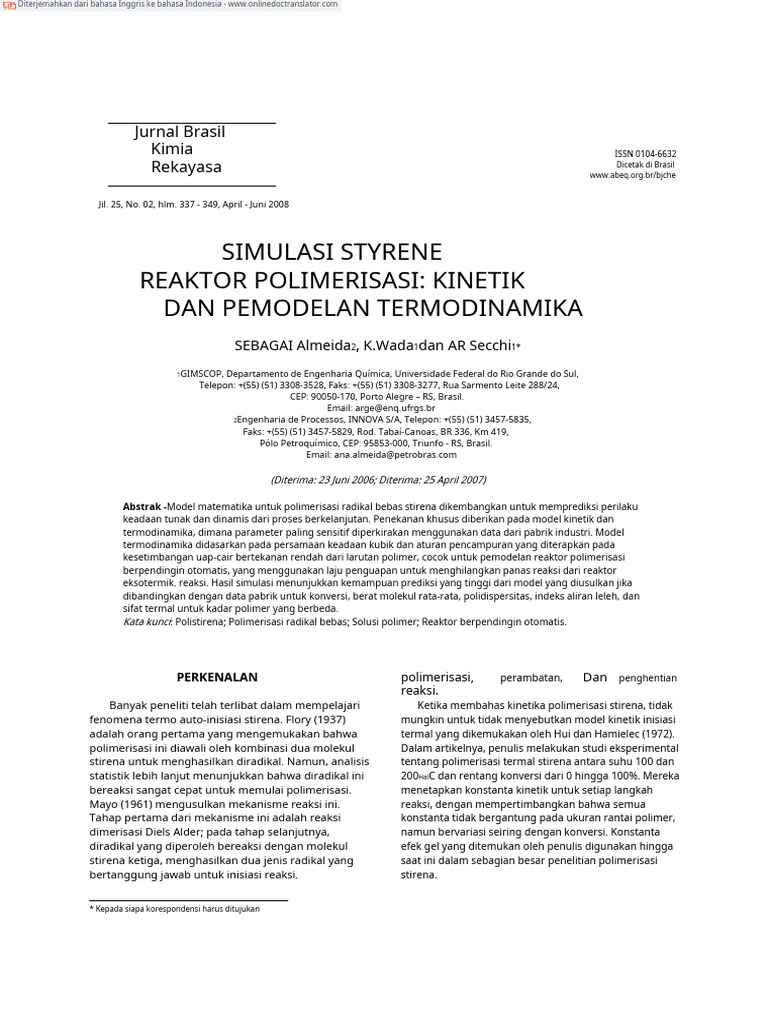 Simulasi Kinetik Polimerisasi Stirena | PDF