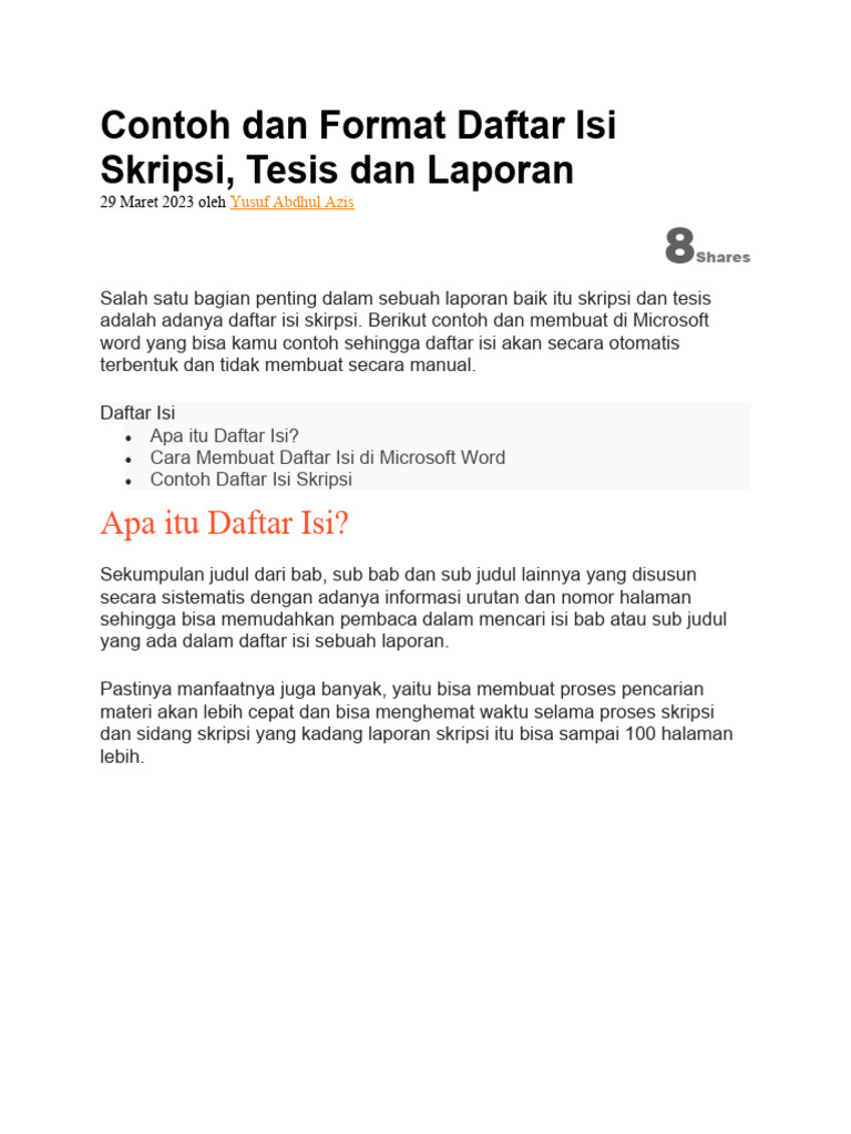 Contoh Dan Format Daftar Isi Skripsi | PDF Contoh Dan Format Daftar Isi Skripsi | PDF